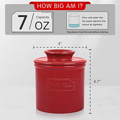 AVLA 2 Pack Ceramic Butter Crock, French Butter Dish with Water Line, Butter Keeper Butter Container for Countertop, Big Capacity, Red