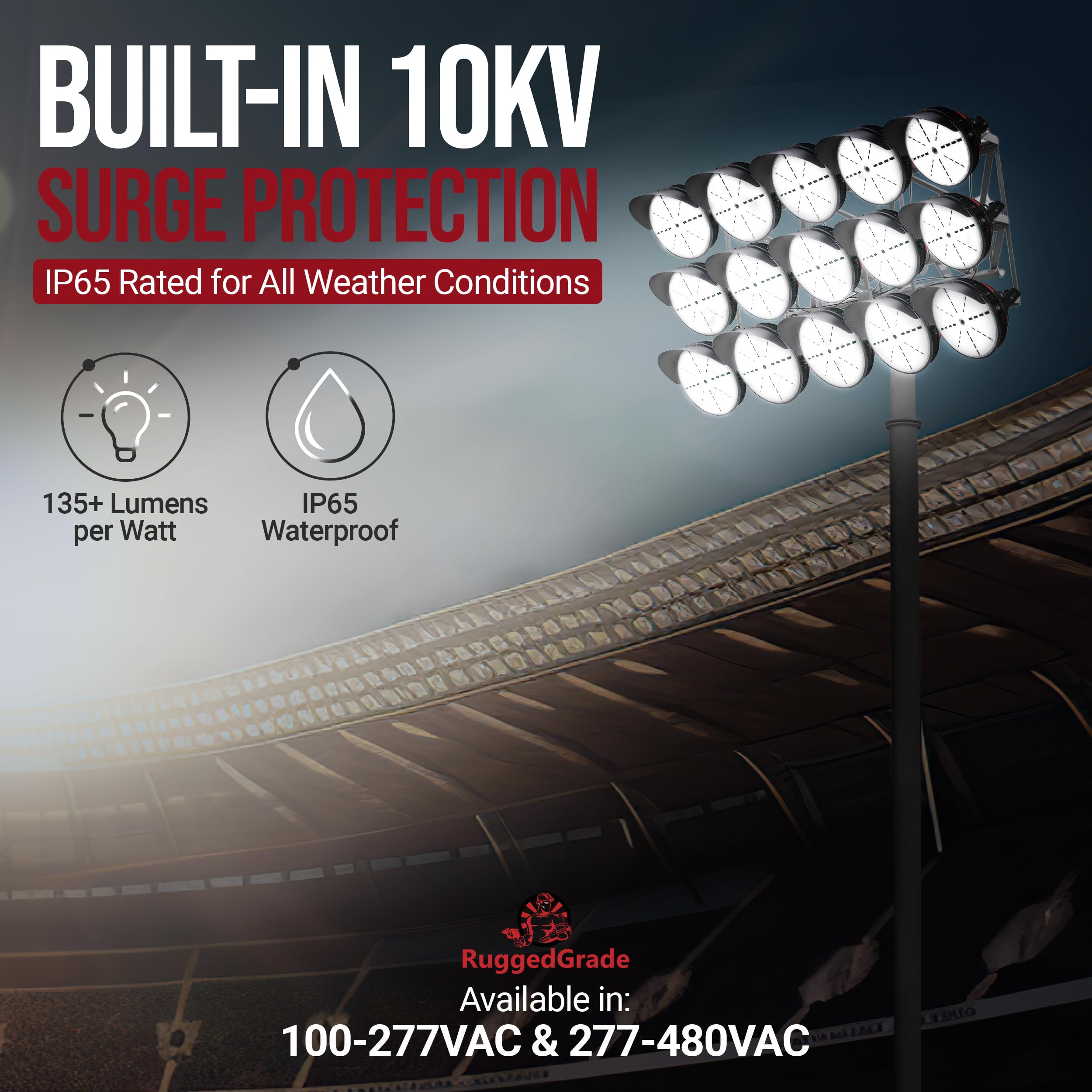 RuggedGrade 277-480V - 500W StadiumPro III LED Stadium Lights - 66,500 Lumen - 5000K - 30 Degree - Slip Fit