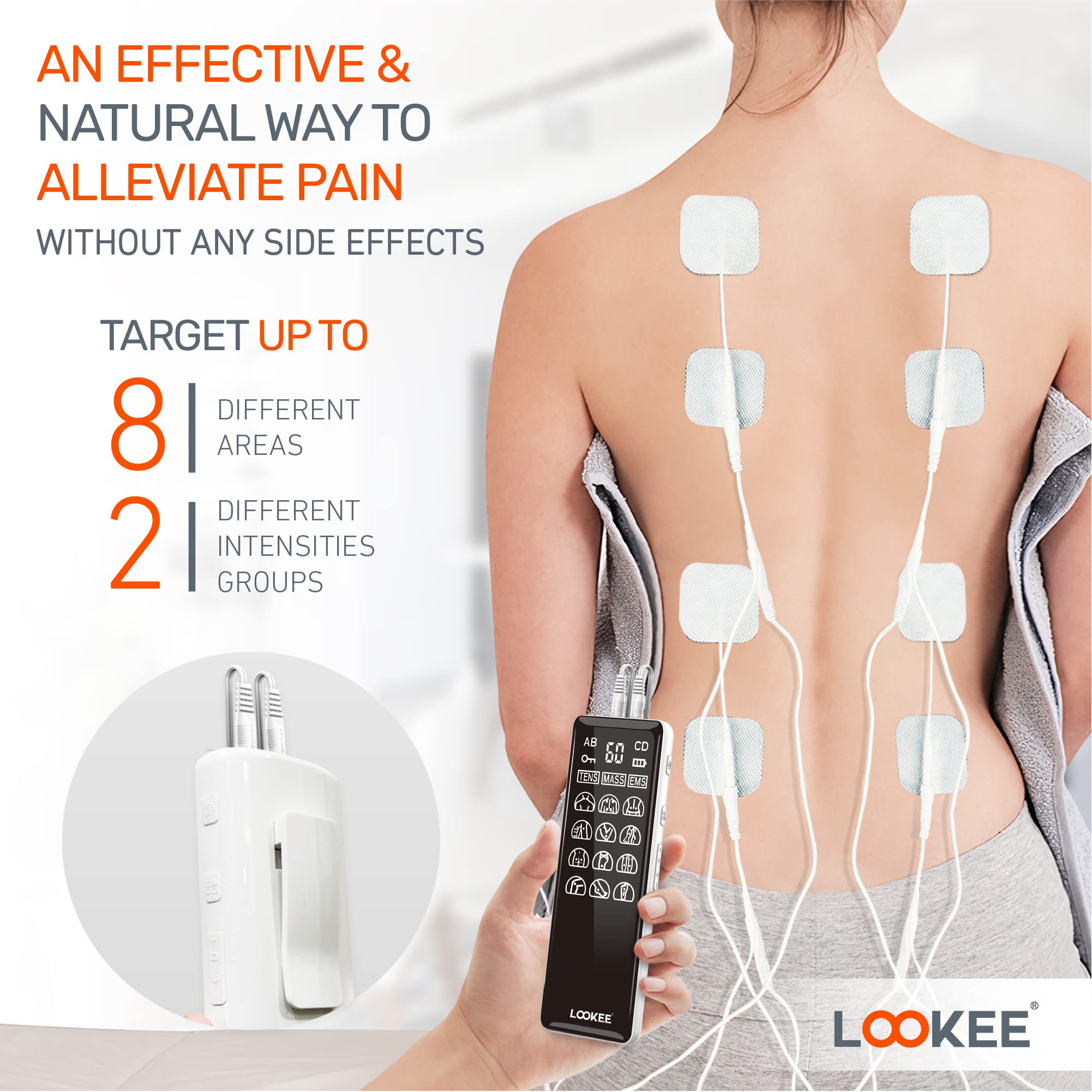 LOOKEE 4-Channel TENS Unit Muscle Stimulator for Pain Relief Therapy - Premium LED EMS Muscle Stimulator with 36 Mode & 40 Intensity Levels - Rechargeable TENS Machine FSA/HSA Eligible