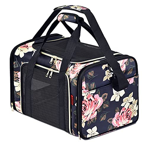 SUPPETS Pet Carrier Airline Approved Cat Carrier Breathable Mesh Pet Travel Carrier for Cats Dogs with Washable Portable Mat,Detachable Shoulder Strap,Blue Peony
