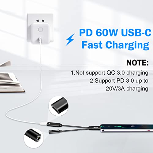Jasput USB Type C to 3.5mm Headphone and Charger Adapter, 2-in-1 USB C to Aux Audio Jack Hi-Res DAC and Fast Charging Dongle Cable Compatible with Pixel 4 3 XL,Galaxy S22 S21 S20 S20+ Note 20