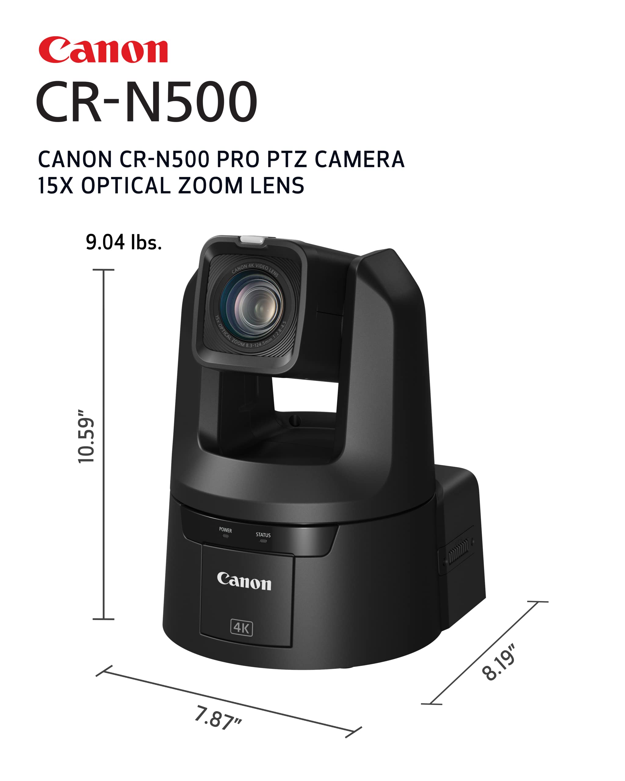 Canon CR-N500 Pro PTZ Camera BK 15x Optical Zoom lens, 1” 4K 30p Dual Pixel AF Sensor, 3G-SDI, HDMI, IP Video Out, NDI|HX2, SRT- Church, Live Events, Streaming Conference, Classroom, Esports, Vlogging