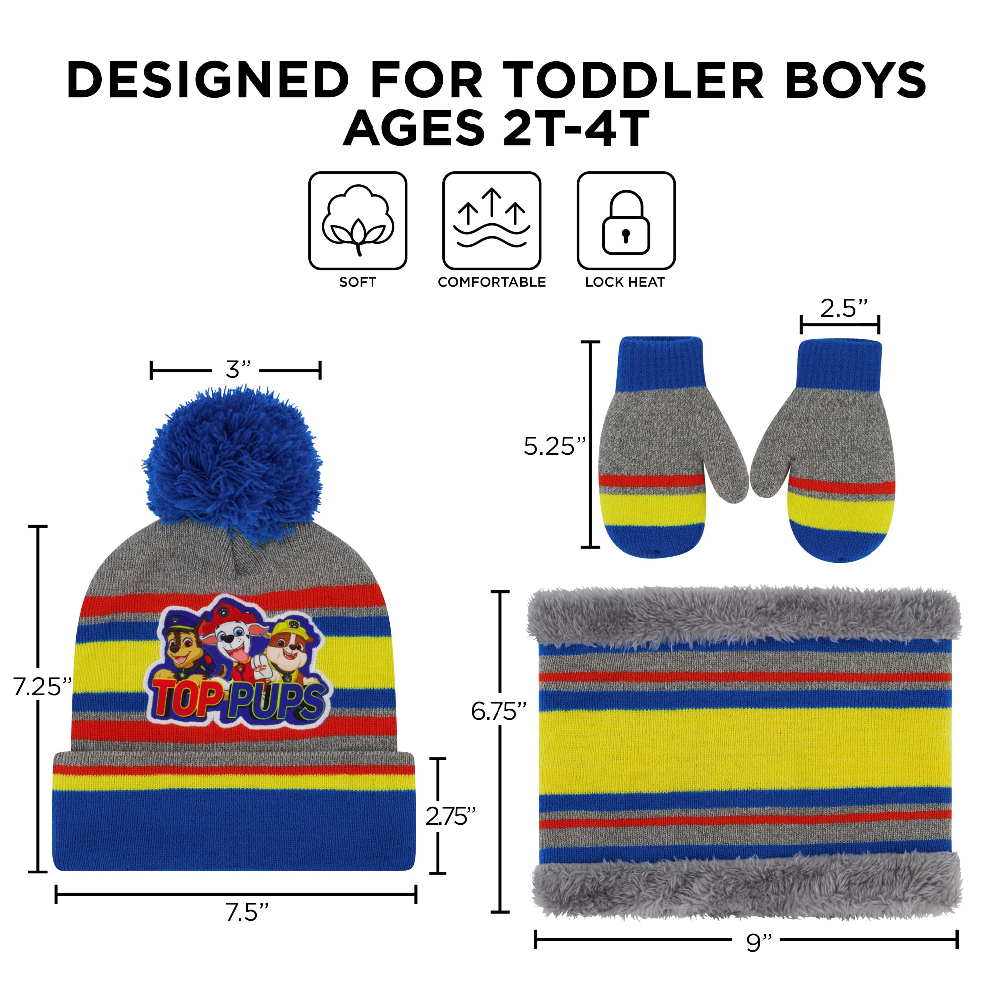Nickelodeon Boys Toddler Winter, Scarf Paw Patrol Marshall Hat, Scarves & Kids Gloves Sets, Gray Mittens, Ages 2-4 and Ages 4-7