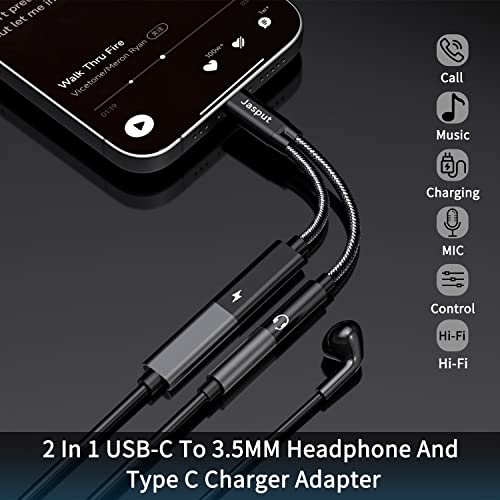 Jasput USB Type C to 3.5mm Headphone and Charger Adapter, 2-in-1 USB C to Aux Audio Jack Hi-Res DAC and Fast Charging Dongle Cable Compatible with Pixel 4 3 XL,Galaxy S22 S21 S20 S20+ Note 20