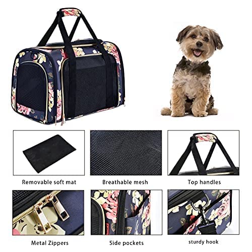 SUPPETS Pet Carrier Airline Approved Cat Carrier Breathable Mesh Pet Travel Carrier for Cats Dogs with Washable Portable Mat,Detachable Shoulder Strap,Blue Peony