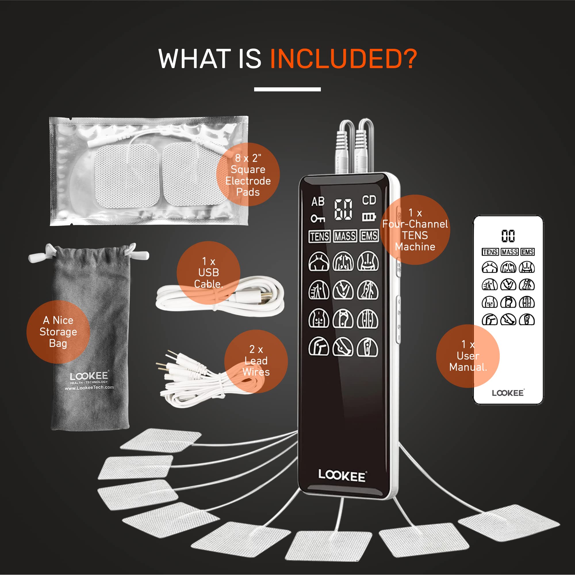 LOOKEE 4-Channel TENS Unit Muscle Stimulator for Pain Relief Therapy - Premium LED EMS Muscle Stimulator with 36 Mode & 40 Intensity Levels - Rechargeable TENS Machine FSA/HSA Eligible