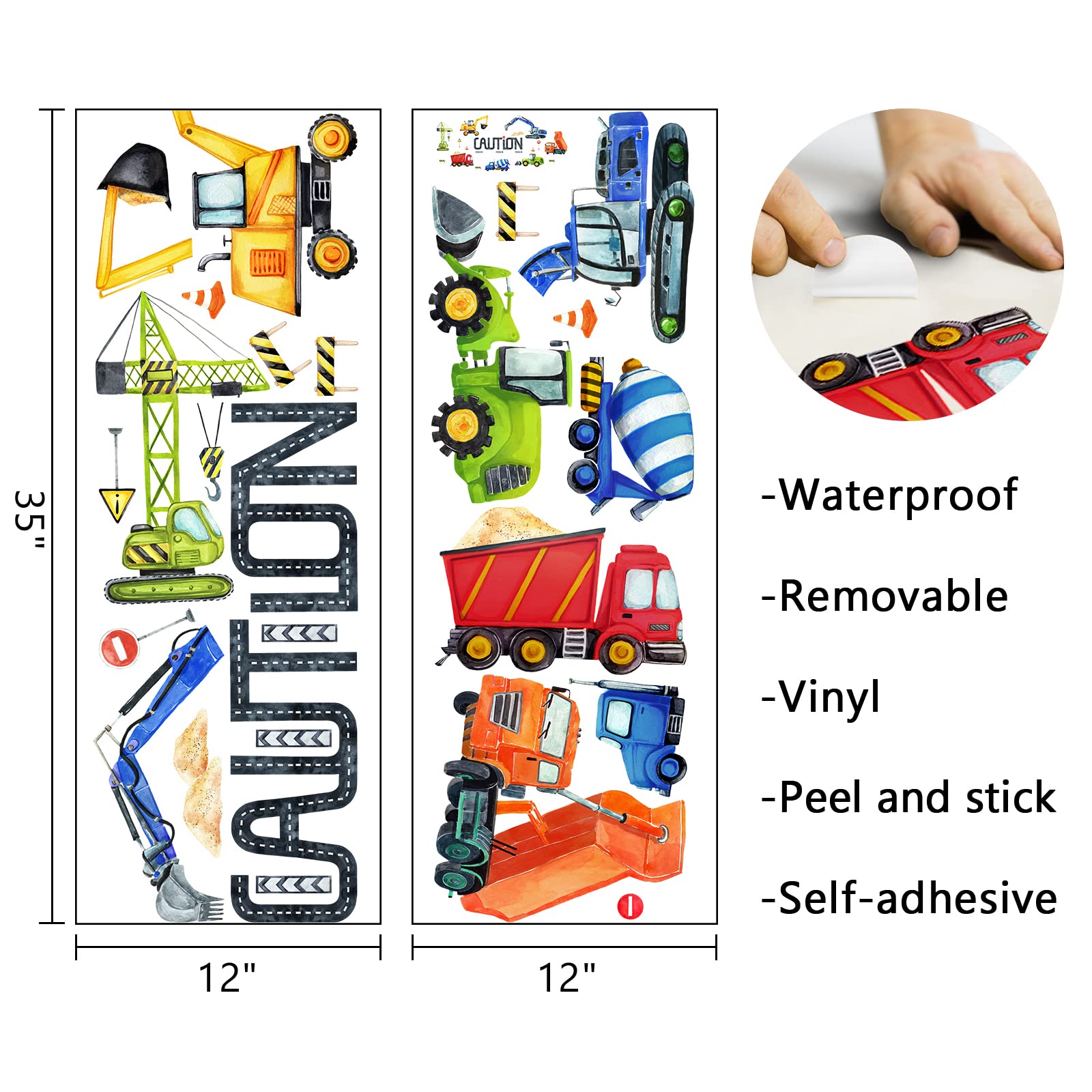 Mfault Baby Boys Construction Caution Vehicle Wall Decals Stickers, Large Trucks Tractor Excavator City Nursery Playroom Decorations Kids Room Art, Classroom Bedroom Home Decor Birthday Gift