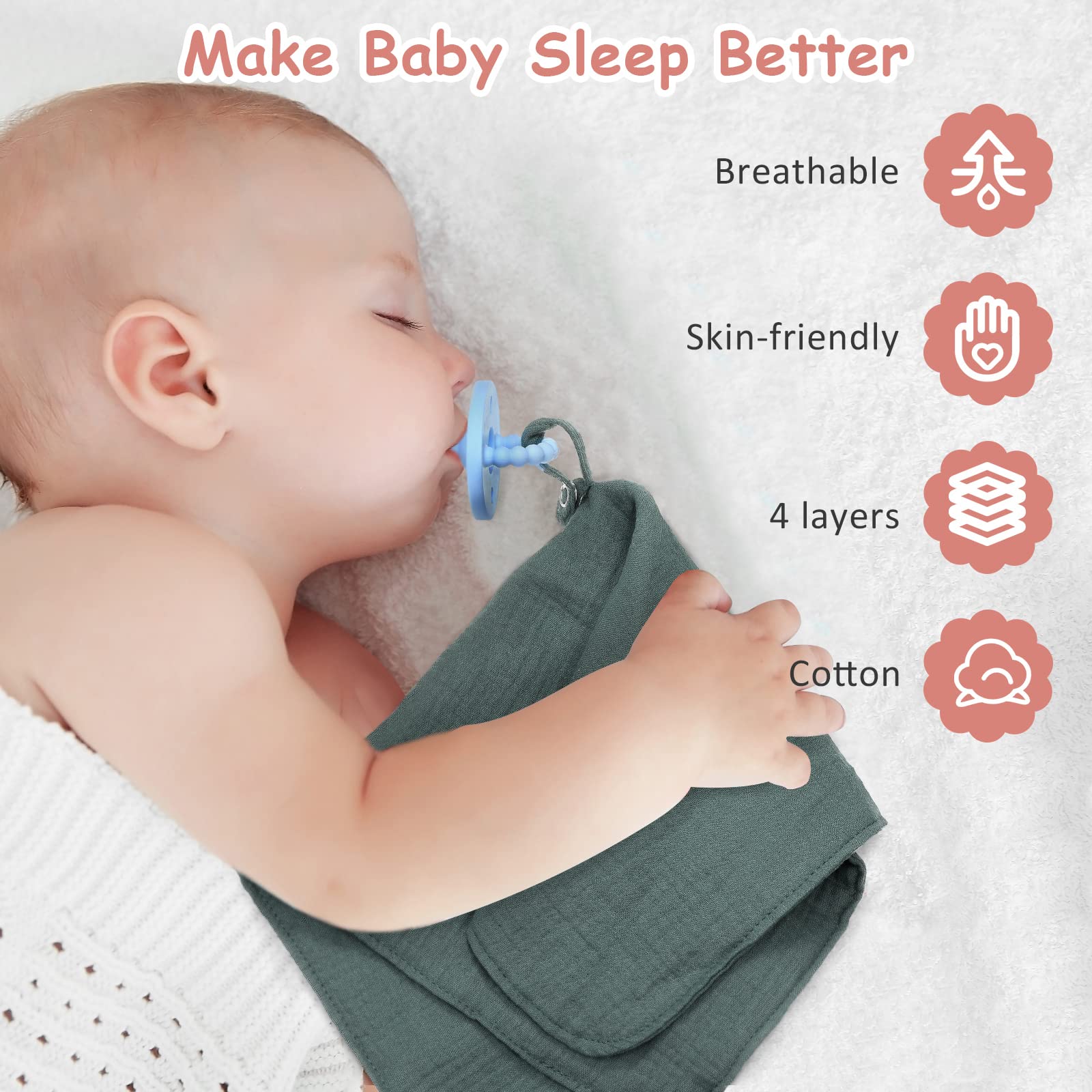 3 Pieces Organic Cotton Muslin Baby Blanket with Snap Closure Pacifier Blanket Loveys for Babies Mini Baby Lovey with Holder Security Blanket (Pacifier Not Included)