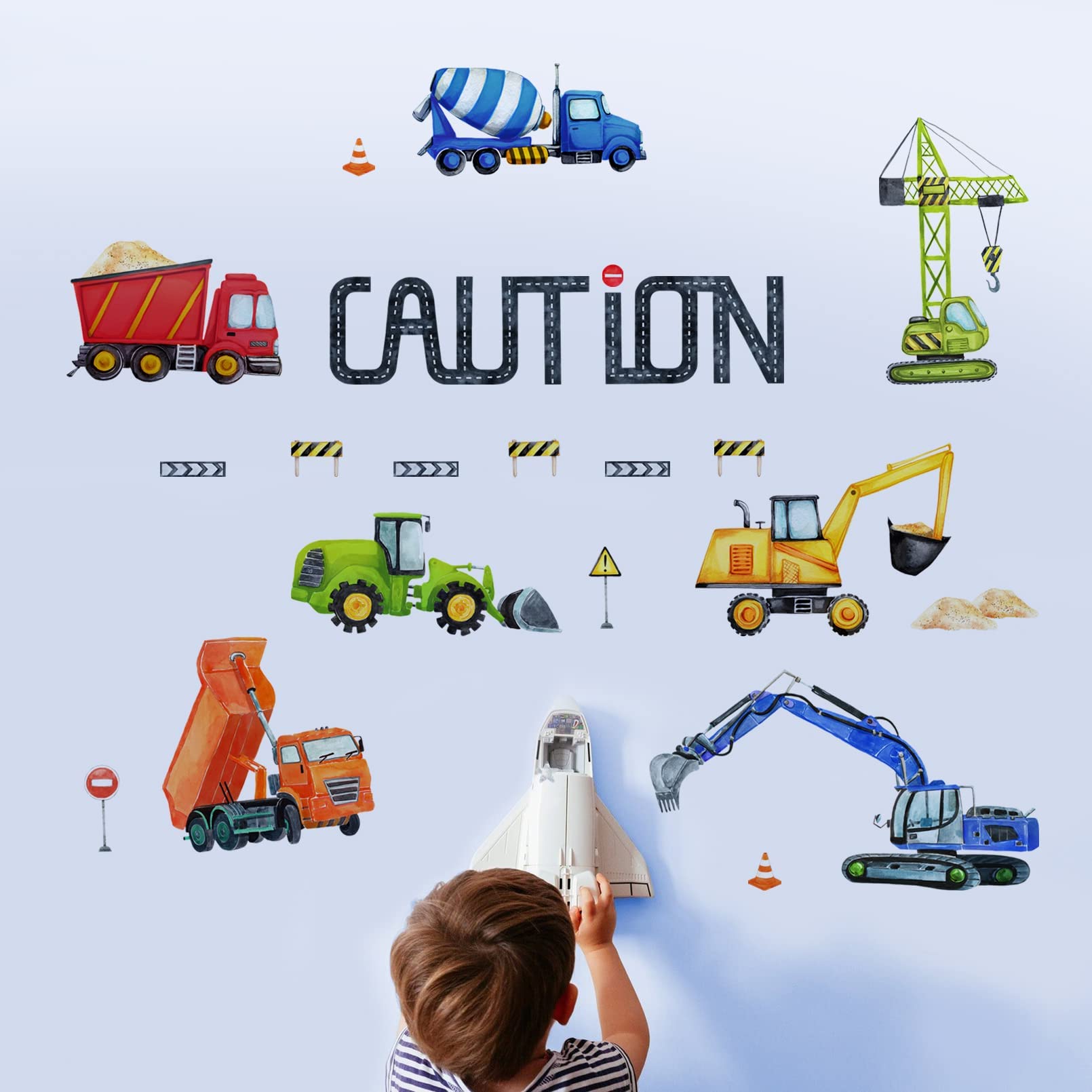 Mfault Baby Boys Construction Caution Vehicle Wall Decals Stickers, Large Trucks Tractor Excavator City Nursery Playroom Decorations Kids Room Art, Classroom Bedroom Home Decor Birthday Gift