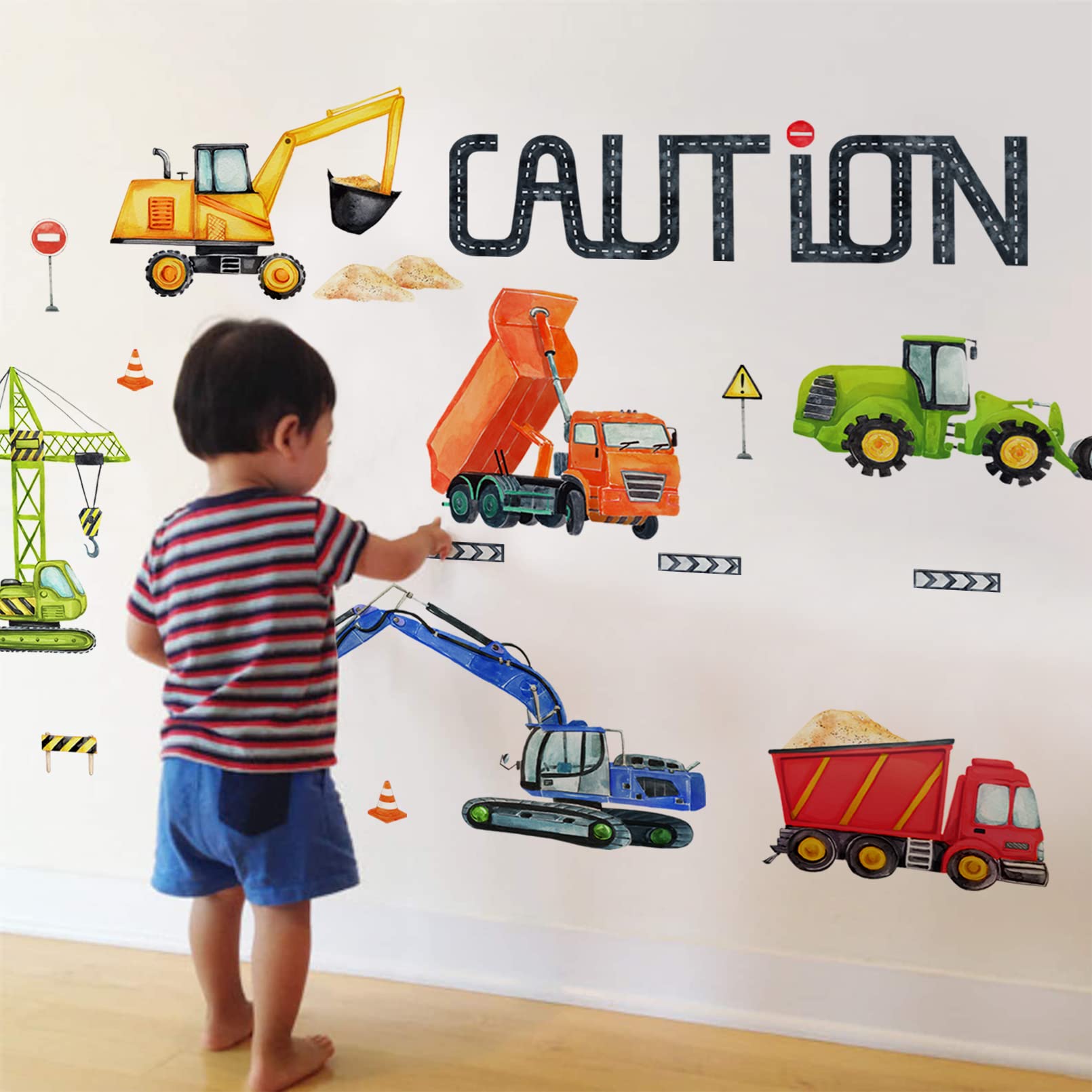 Mfault Baby Boys Construction Caution Vehicle Wall Decals Stickers, Large Trucks Tractor Excavator City Nursery Playroom Decorations Kids Room Art, Classroom Bedroom Home Decor Birthday Gift