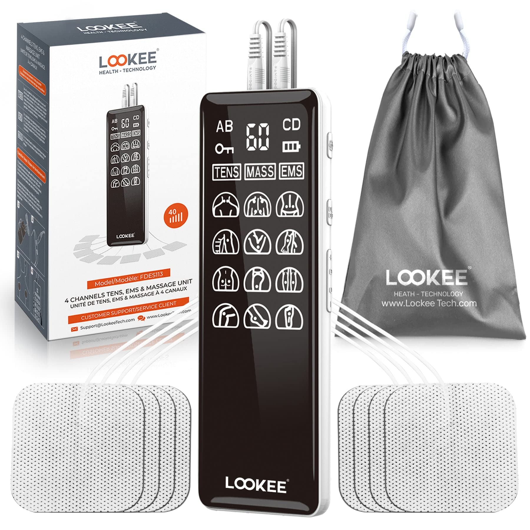 LOOKEE 4-Channel TENS Unit Muscle Stimulator for Pain Relief Therapy - Premium LED EMS Muscle Stimulator with 36 Mode & 40 Intensity Levels - Rechargeable TENS Machine FSA/HSA Eligible