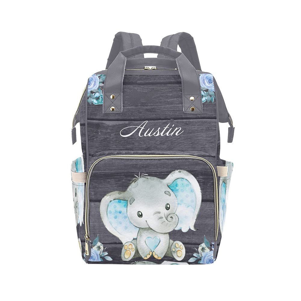 SunFancy Personalized Cute Blue Elephant Floral Diaper Backpack with Name Text Large Capacity Custom Multi-Function Bag Unisex Travel Backpack for Mom Dad Boy Girl, 10.83 in L x 6.69 in W x 15 in H
