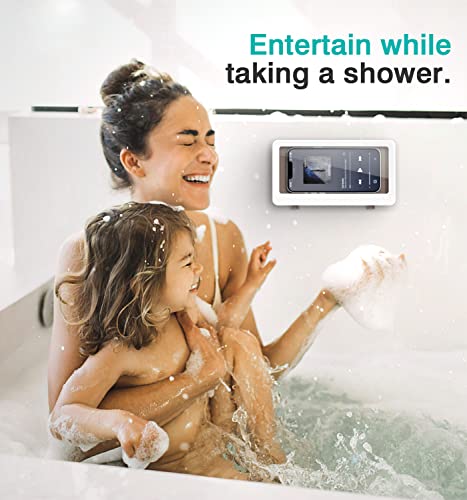 MoKo Shower Phone Holder, Waterproof Phone Wall Mount for Bathroom Bathtub Kitchen with Touchable Screen Wall Stickers Fit with iPhone 14/14 Pro, Galaxy S21, Smartphone up to 6.8", White & Chocolate
