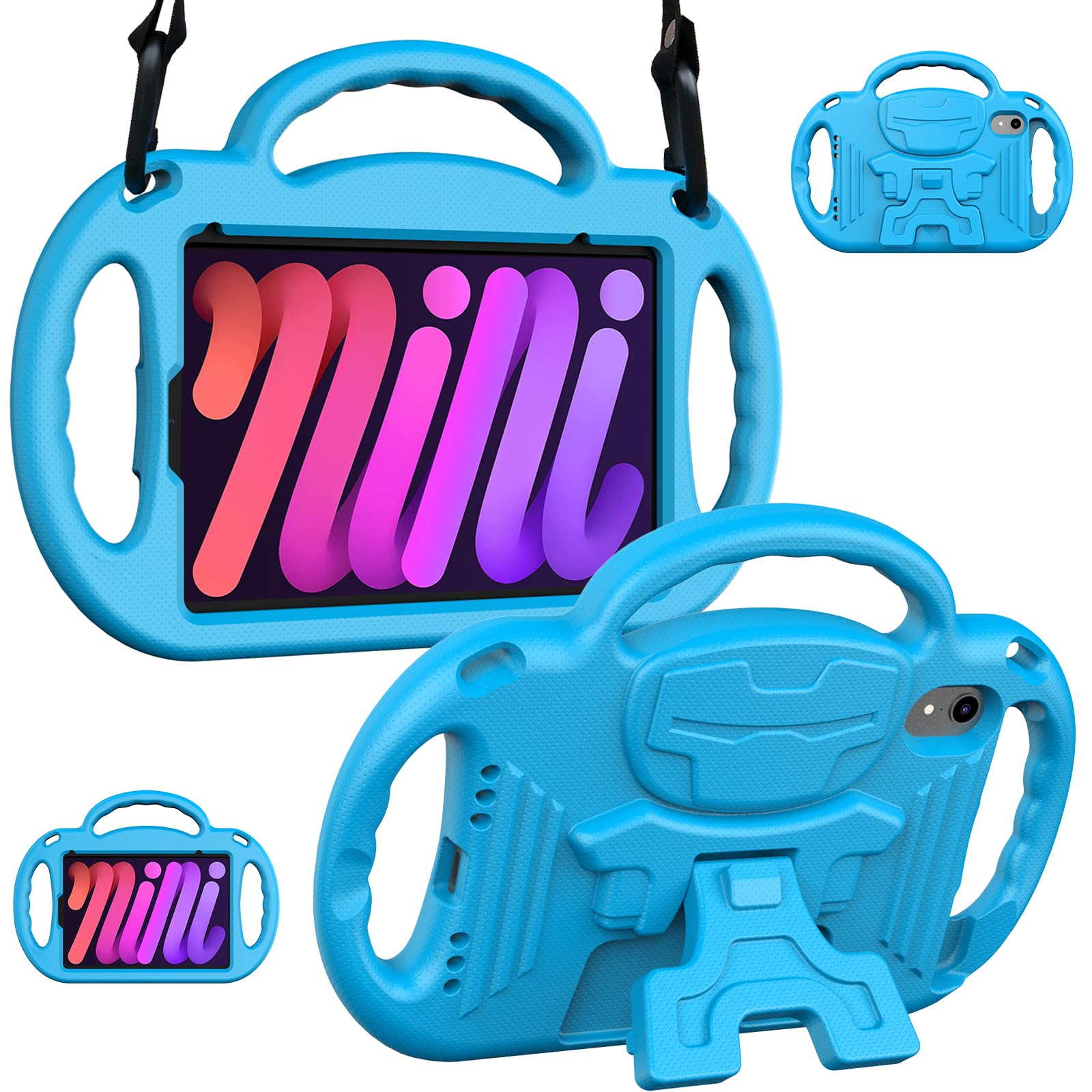 LTROP Kids Case for 2024 iPad Mini 7 & 2021 iPad Mini 6, Shockproof Handle Stand Shoulder Strap Kids Bumper Case for iPad Mini Tablet, Blue