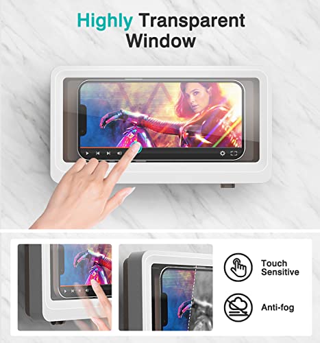 MoKo Shower Phone Holder, Waterproof Phone Wall Mount for Bathroom Bathtub Kitchen with Touchable Screen Wall Stickers Fit with iPhone 14/14 Pro, Galaxy S21, Smartphone up to 6.8", White & Chocolate