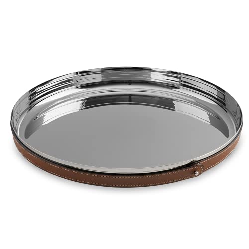 nambe Tahoe Bar Tray | Stainless Steel Organizing Tray with Raised Edges and Leather Accent | Decorative Round Metal Serving Tray | 13-in Removable Leather Accent