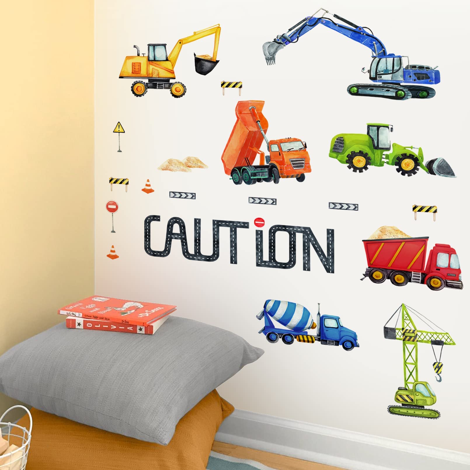 Mfault Baby Boys Construction Caution Vehicle Wall Decals Stickers, Large Trucks Tractor Excavator City Nursery Playroom Decorations Kids Room Art, Classroom Bedroom Home Decor Birthday Gift