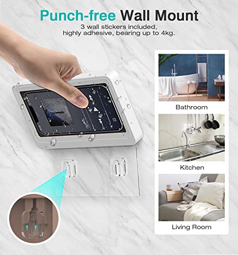MoKo Shower Phone Holder, Waterproof Phone Wall Mount for Bathroom Bathtub Kitchen with Touchable Screen Wall Stickers Fit with iPhone 14/14 Pro, Galaxy S21, Smartphone up to 6.8", White & Chocolate