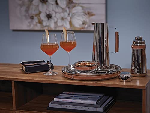 nambe Tahoe Bar Tray | Stainless Steel Organizing Tray with Raised Edges and Leather Accent | Decorative Round Metal Serving Tray | 13-in Removable Leather Accent
