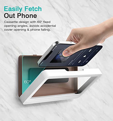 MoKo Shower Phone Holder, Waterproof Phone Wall Mount for Bathroom Bathtub Kitchen with Touchable Screen Wall Stickers Fit with iPhone 14/14 Pro, Galaxy S21, Smartphone up to 6.8", White & Chocolate