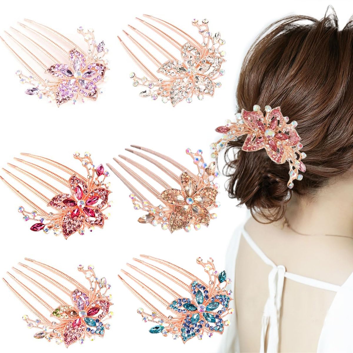 KuuGuu 6 PCS Flower Bride Wedding Hair Comb Floral Rhinestone Hair Side Combs Crystal Hair Pins Sparkly Vintage Headpiece Hair Accessories for Brides Bridesmaids Women Girls Updo