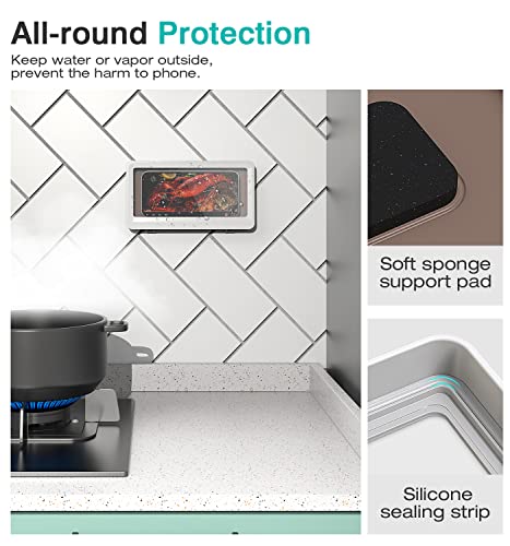 MoKo Shower Phone Holder, Waterproof Phone Wall Mount for Bathroom Bathtub Kitchen with Touchable Screen Wall Stickers Fit with iPhone 14/14 Pro, Galaxy S21, Smartphone up to 6.8", White & Chocolate