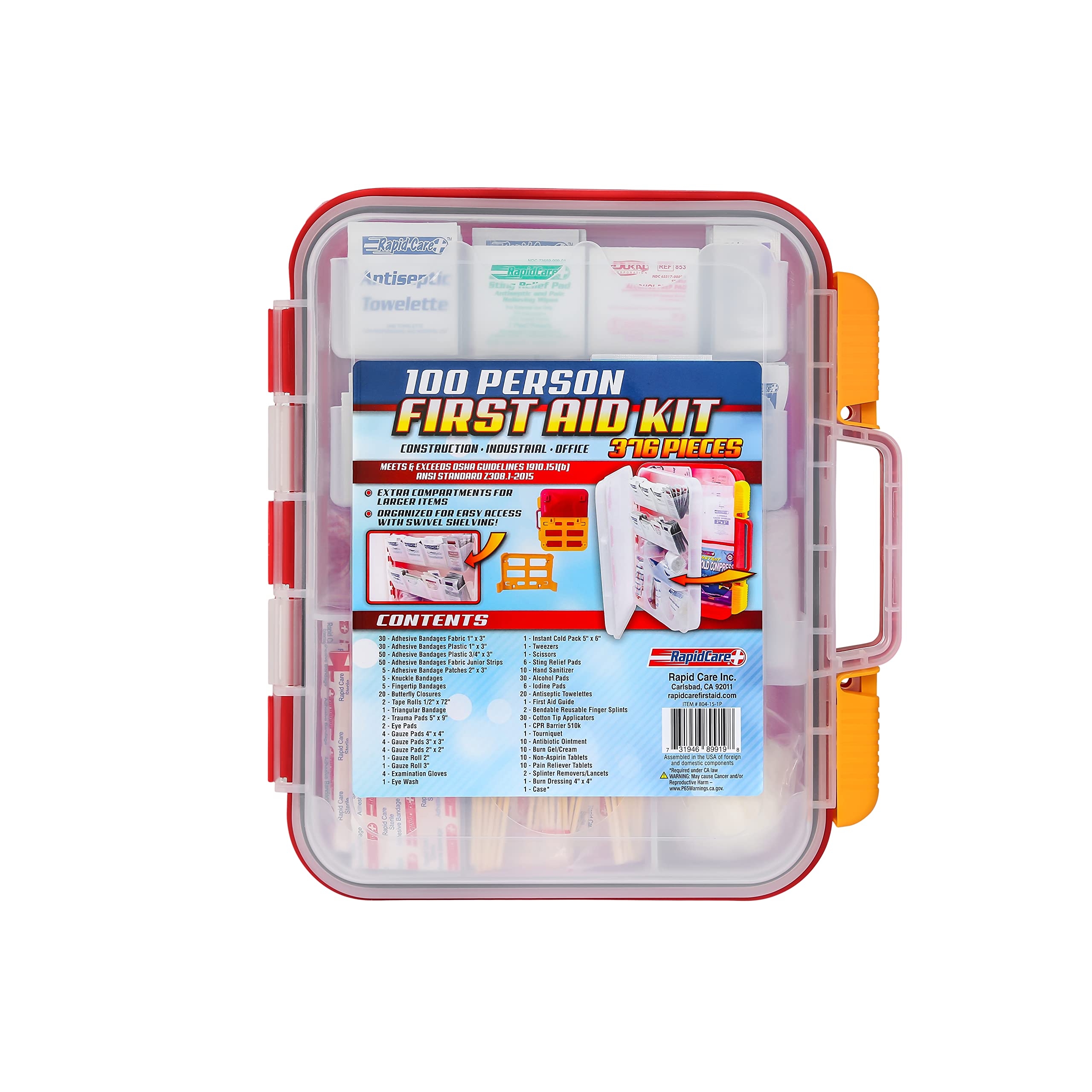Rapid Care First Aid 804-15-12 100 Person 376 Piece Emergency First Aid Kit, Exceeds 2015 OSHA/ANSI Standards, Wall Mountable, Multi Compartment with Easy Access Tilt Trays,Clear/Red