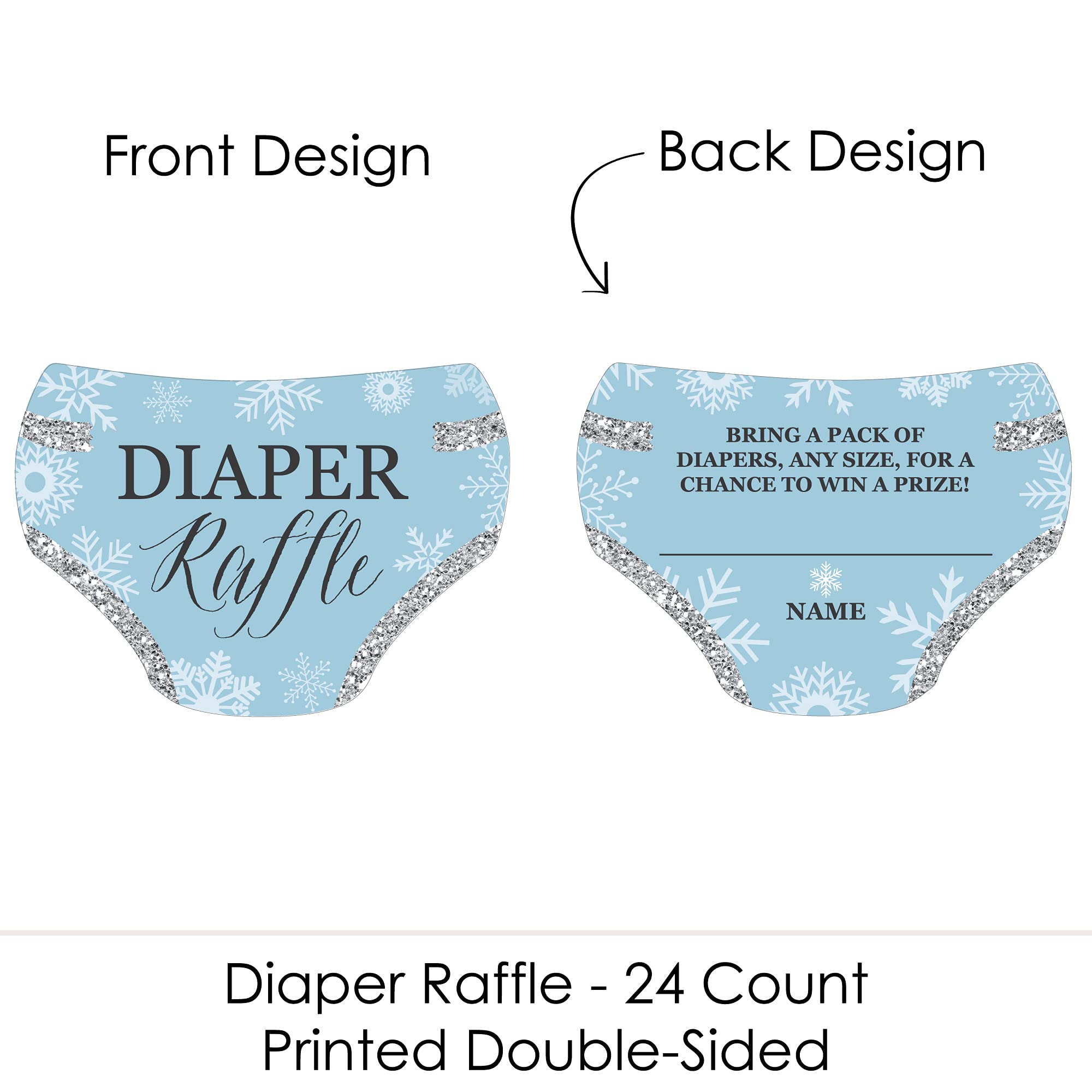 Big Dot of Happiness Winter Wonderland - Diaper Shaped Raffle Ticket Inserts - Snowflake Holiday Baby Shower Activities - Diaper Raffle Game - Set of 24