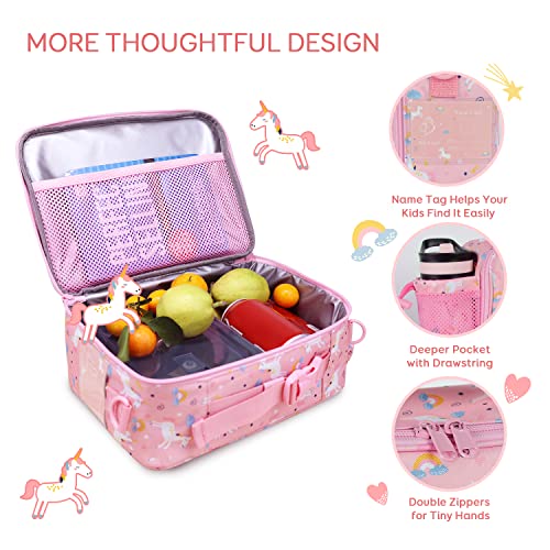 Kids Lunch Box Insulated with 2 Reusable Ice Packs, Large Lunch Bag Soft, Double Insulated, Durable, Water-Resistant Fabric with Zippered Pockets and Bottle Holder, Thermal Meal Tote Kit, Unicorn