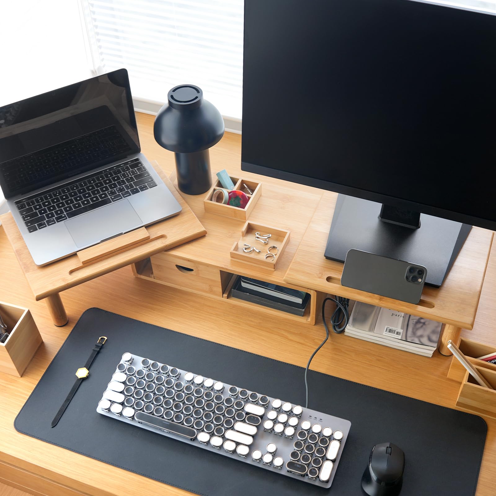 ROCDEER Dual Monitor Stand Riser with Drawer for Desk Laptop Desk Shelf with Adjustable Length and Angle, Bamboo Computer Stand Riser for 2 or 3 Monitors Screen Laptop PC TV -Natural