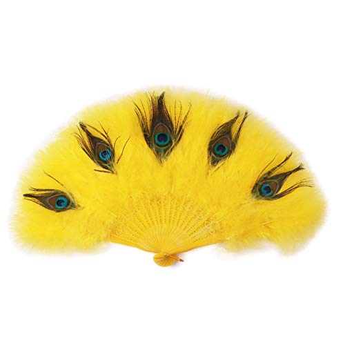 Peacock Handmade Marabou Large Feather Fan 23"X12"(with 25 Staves) for Dancing, Party, Wedding, Burlesque,Bridal Bouquet Decor (Yellow)