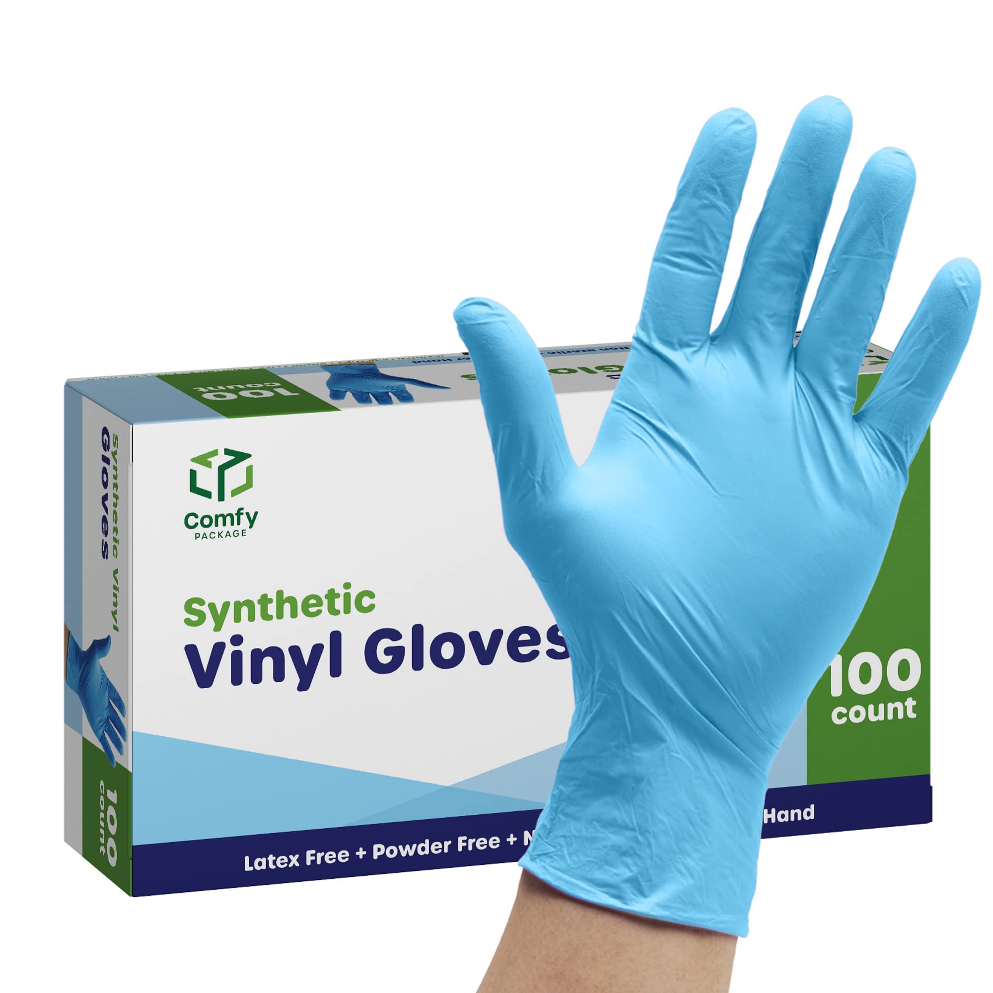 Comfy Package [100 Count Synthetic Vinyl Gloves, Blend Disposable Gloves, Powder & Latex Free, Plastic Non-Sterile Gloves - Medium