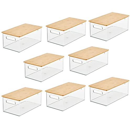 mDesign Plastic Stackable Storage Organizer Container Bin with Handles, Bamboo Wood Lid; for Kitchen, Pantry, Cabinet Organization; Holds Packaged Food, Snacks; Ligne Collection, 8 Pack, Clear/Natural