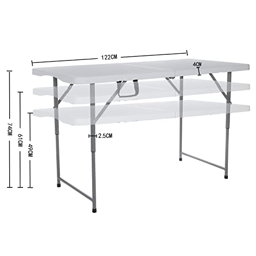 Lakhow 122CZ Folding Tables Camping Table 4FT Adjustable Height( 49/61/74CM) Portable Dining Table Party,Height Adjustable Craft Camping and Utility Folding Table,White Granite