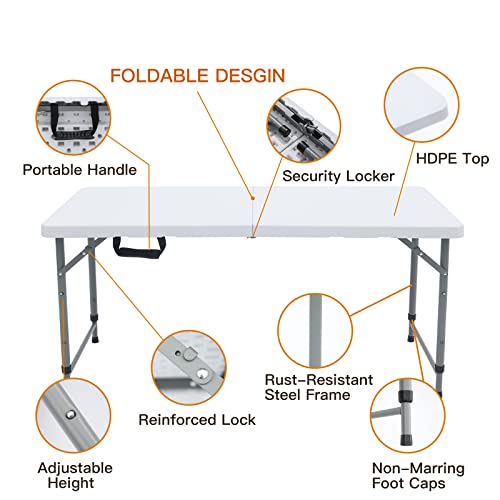Lakhow 122CZ Folding Tables Camping Table 4FT Adjustable Height( 49/61/74CM) Portable Dining Table Party,Height Adjustable Craft Camping and Utility Folding Table,White Granite