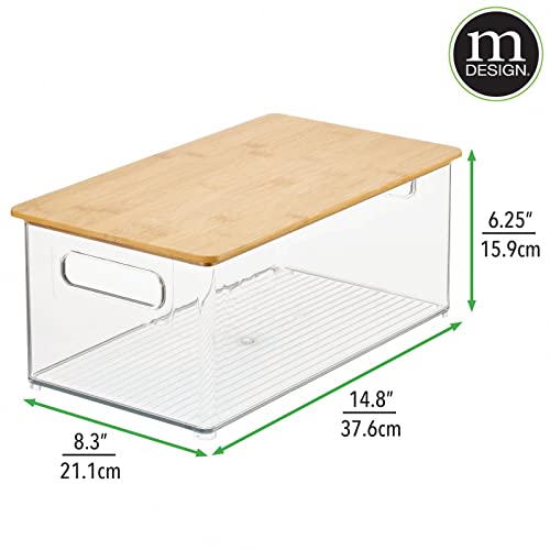 mDesign Plastic Stackable Storage Organizer Container Bin with Handles, Bamboo Wood Lid; for Kitchen, Pantry, Cabinet Organization; Holds Packaged Food, Snacks; Ligne Collection, 8 Pack, Clear/Natural