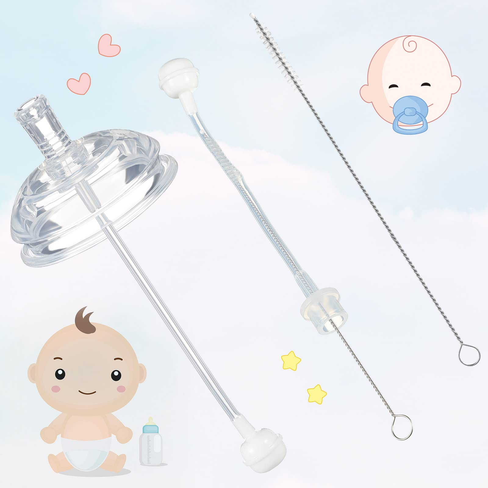 4 Pieces Baby Bottle Nipples (12m+) Medium Flow Silicone Straw Top Nipple Sippy Spout Replacement Nipples and 4 Pieces Cleaning Brushes for 2.8 Inch Diameter Baby Bottle | No BPA | Spillproof