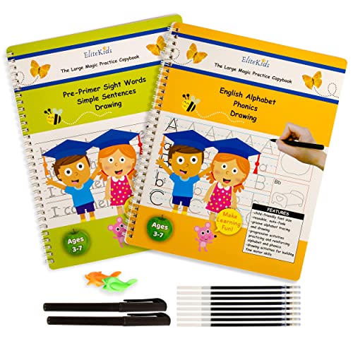 Premium Edition 21.5X27.5 cm EliteKids Large Magic Practice Copybook for Kids Alphabet + Sight Words 2-set, Kindergarten Magical Handwriting Workbooks, Tracing Letters for Kids Ages 3-5 Copy Book.