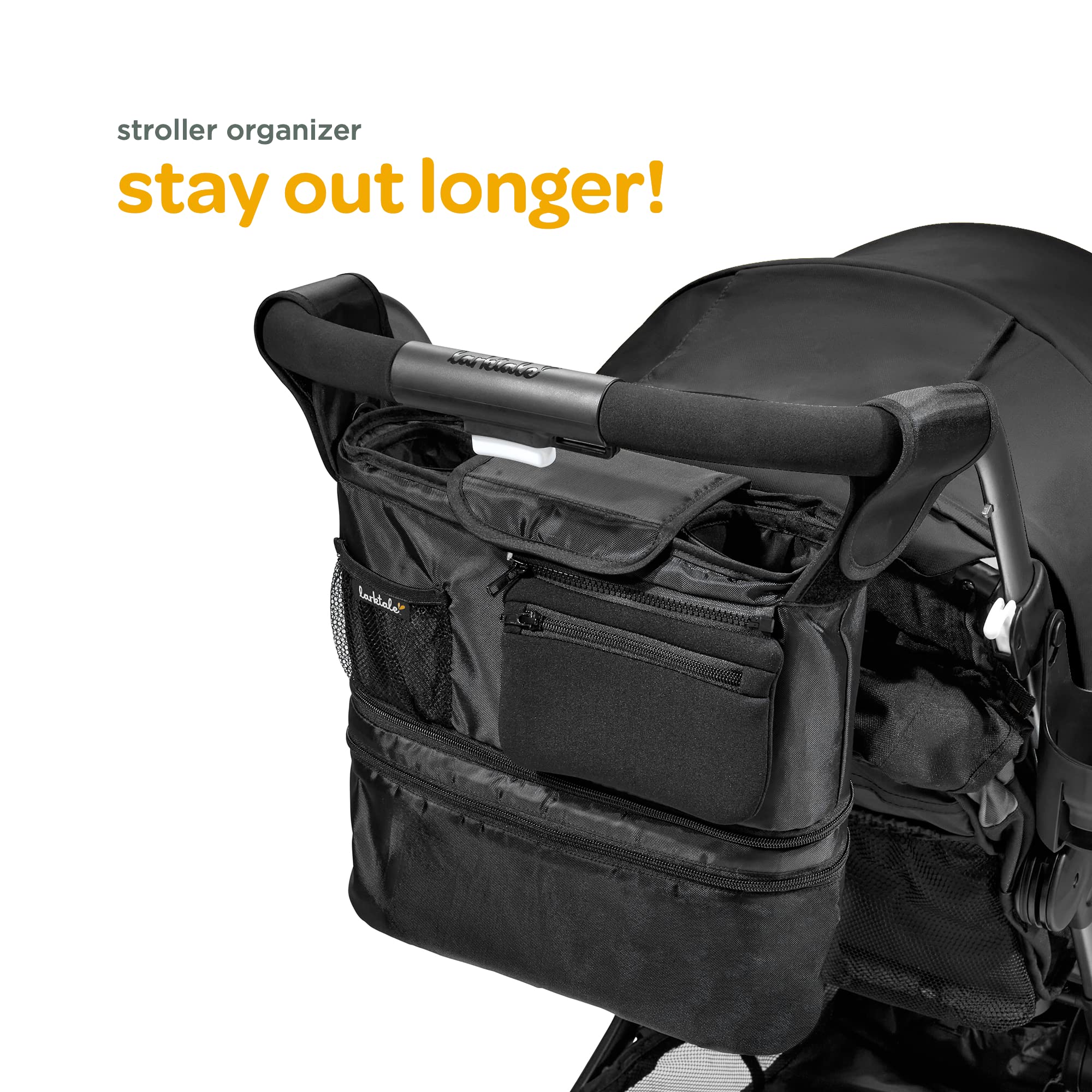 Larktale Universal Stroller Organizer | 2-in-1 Stroller Handlebar Console with Two Insulated Cup Holders, Multiple Storage Pockets, Phone Holder, Removable Shoulder Strap and Zippered Clutch | Removable Cooler Pouch for Transporting Baby's Food, Drinks, a