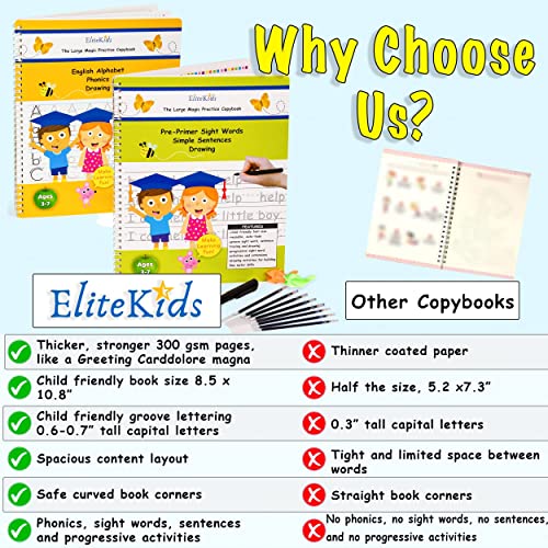 Premium Edition 21.5X27.5 cm EliteKids Large Magic Practice Copybook for Kids Alphabet + Sight Words 2-set, Kindergarten Magical Handwriting Workbooks, Tracing Letters for Kids Ages 3-5 Copy Book.