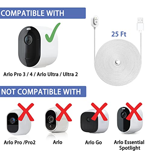 Shyueda 25ft/7.6m Weatherproof Outdoor Charging Cable for Arlo Ultra/Ultra 2/Pro 3/Pro 4(3-Pack)