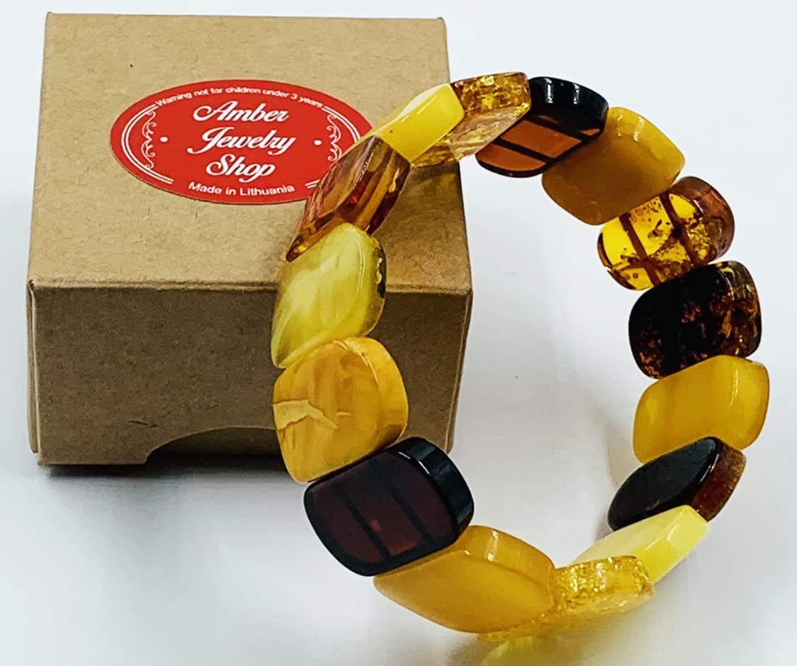 Natural Baltic Amber Stretch Bracelet - Hand Made from Polished/Certified Baltic Amber Beads(Multicolor)