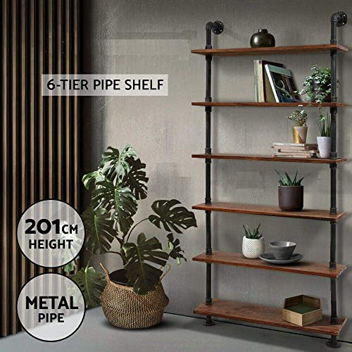 Diwhy Industrial Pipe Shelves Rustic Modern 36" W Wood Ladder Bookcase with Metal Frame,Pipe Wall Shelf,Wood Storage,Home Decor,Display Shelving,Retro Floating Wood Shelving,6 Layer Bookshelf (36" W)