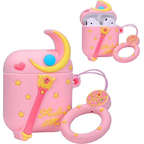 TanMay AirPods 1 & 2 Case Soft Silicone Pink Sailor Moon Crystal Wand Cover with Strap for Apple AirPods 3D Cartoon Magical Girl,Protective Cool Fun Cute Lovely Special Girls (Magic Wand)