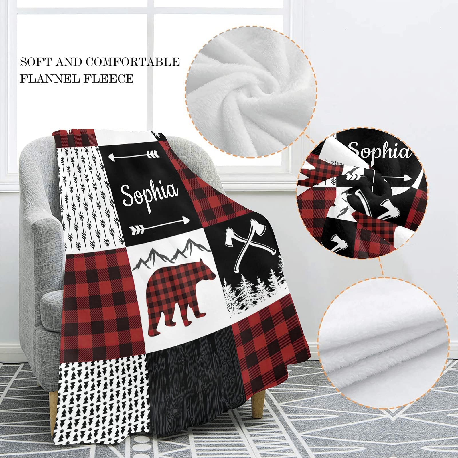 Arrow Bear Plaid Personalized Baby Blanke Name Soft Fleece Swadding Blankets Throw for Newborn Baby Girls Boys Pet Nursery 30'' x 40''