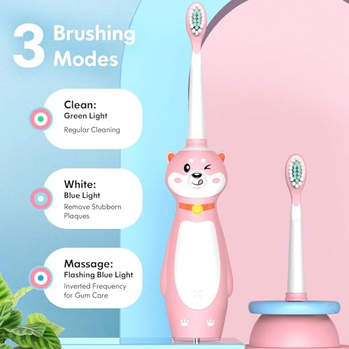 DADA-TECH Kids Electric Toothbrush Rechargeable, Sonic Silicone Teeth Brush with Timer for Children Boys Girls Ages 3+, 3 Modes with Memory, 4 Soft Brush Heads (Pink Shiba Inu Dog)