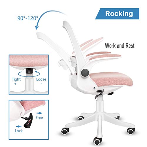 Fullwatt Office Chair Ergonomic Chair Mid Mesh Back Swivel Seat with Flip up Armrests Adjustable Lumbar Support, Pink