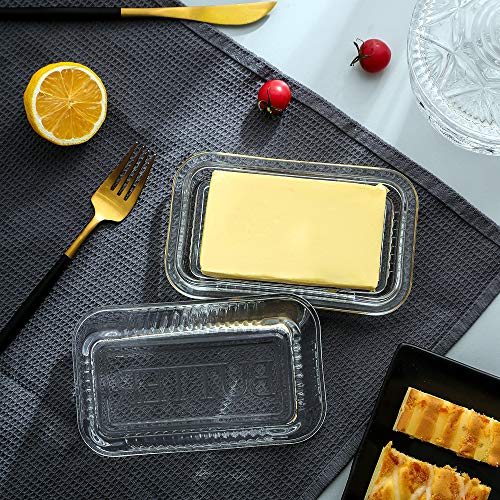 Glass Butter Dish with Lid from 1500 C Tabletop Farm-house Heavy Thick Cover Clear 2-Piece Keeper for Countertop European holder sticks Kitchen Dishwasher Safe