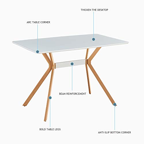 Hommoo Rectangle Dining Table Modern Kitchen Table Tea Coffee Table with White MDF Top and Wood Legs for Kitchen and Dining Room