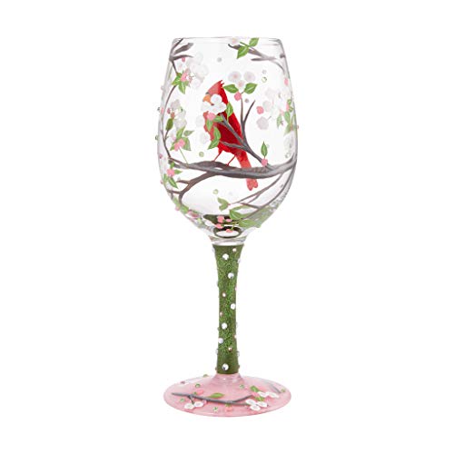 Enesco Designs by Lolita Cardinal Bird with Cherry Blossoms Beauty Artisan Hand-Painted Wine Glass, 1 Count (Pack of 1), Multicolor